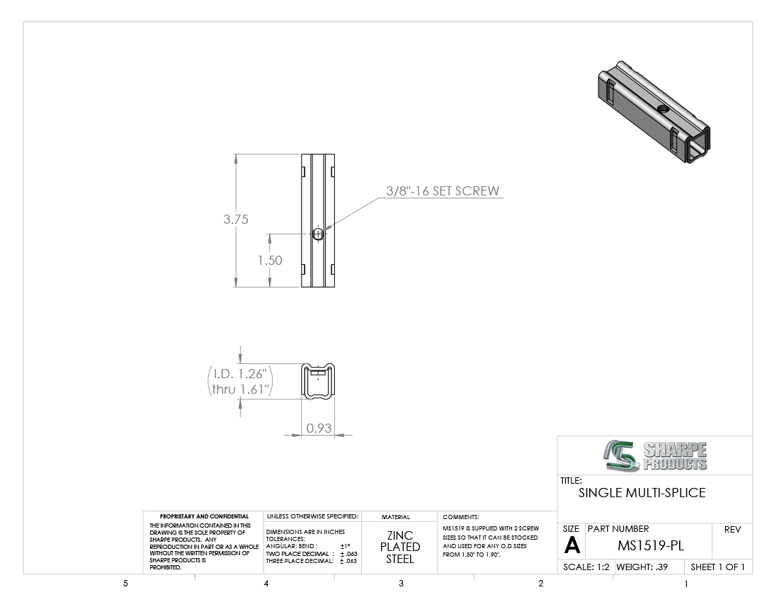 MS1519 Steel Multi-Splice Lock | 1-1/2" Pipe Sch 40 | Sharpe Products